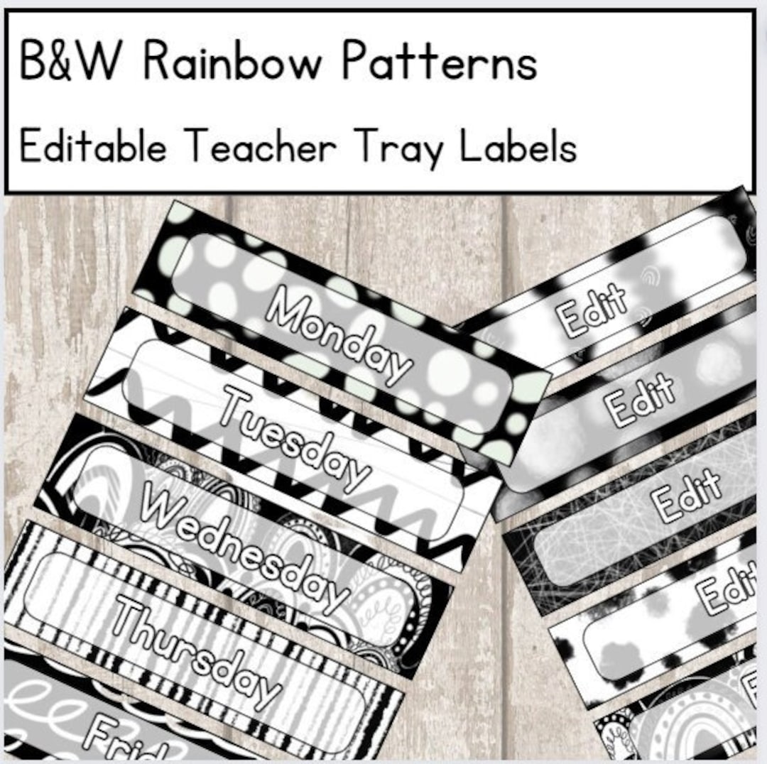 B&W Rainbow Pattern Editable Teacher Tray Labels - Etsy