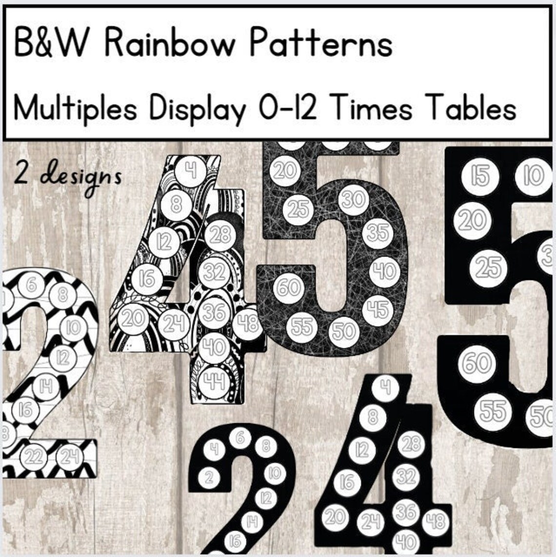 B&W Rainbow Patterns Multiples Display 0-12 Times Tables - Etsy