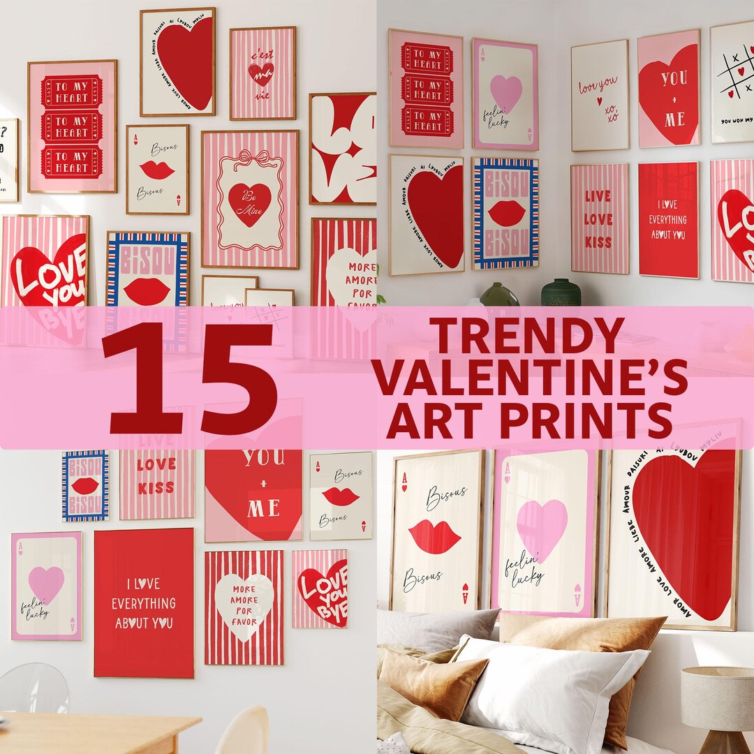 Gallery Wall of 15 Valentine Day Prints, Cute Red Pink Love Quote ...