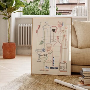 Cocktail Menu Dinner Party Poster, Hand Drawn Retro Drink Print, Mid ...