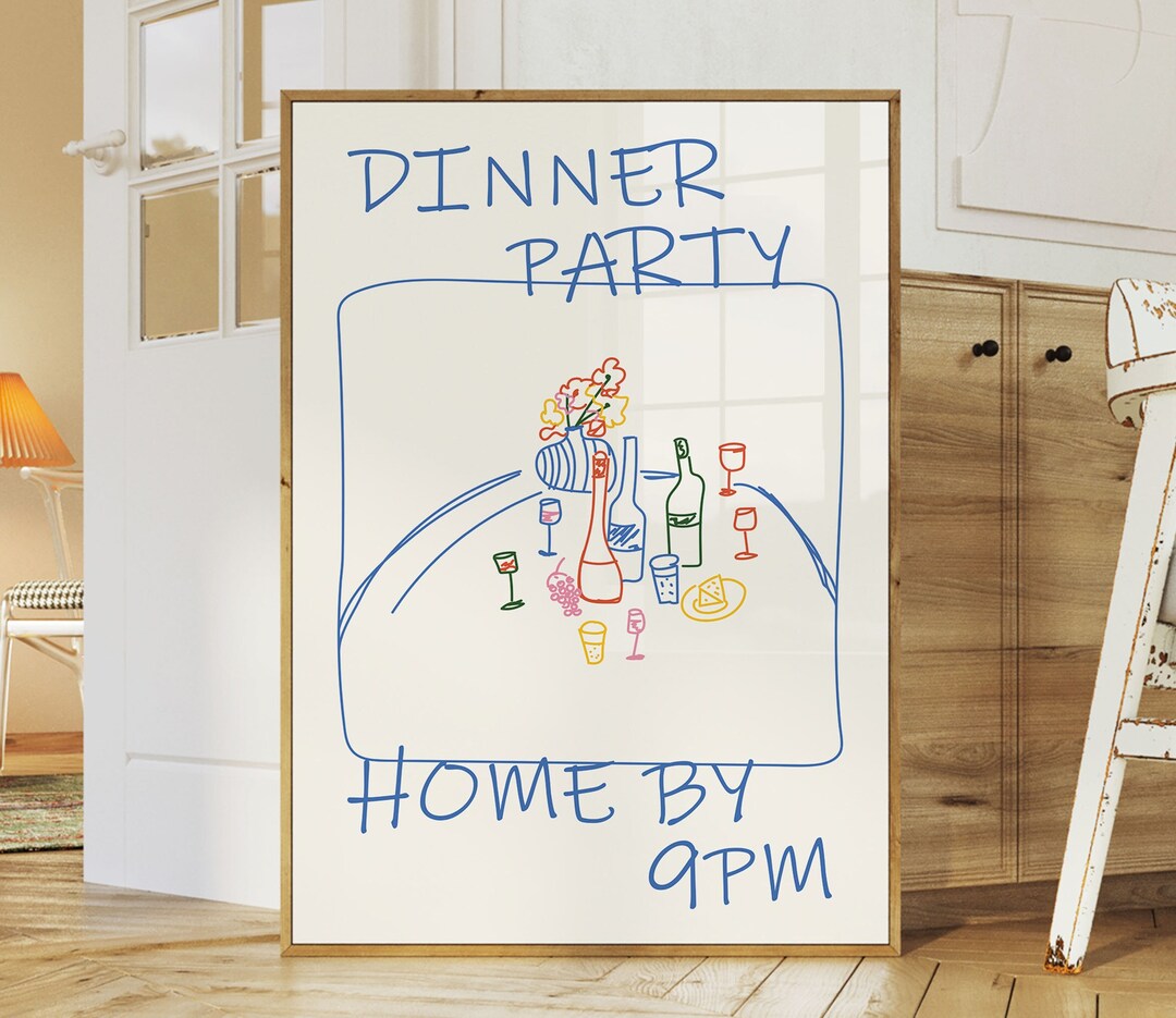 Retro Dinner Party Print, Food and Drinks Illustrations Poster ...