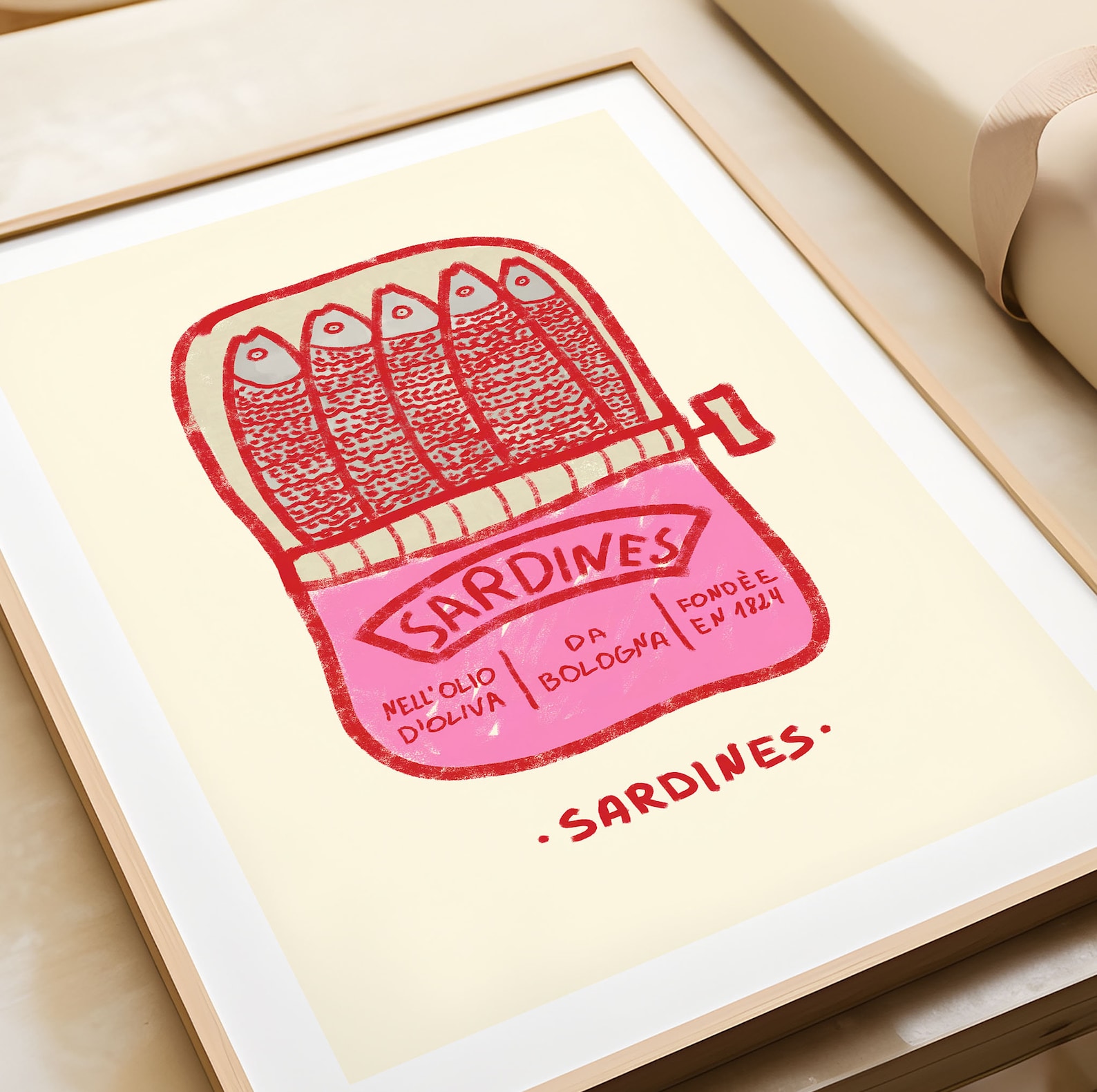 Pink Sardines Tin Art Print, Retro Food Can Art, Maximalist Kitchen ...