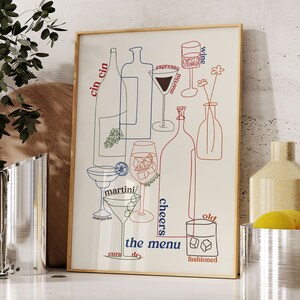 Cocktail Menu Dinner Party Poster, Hand Drawn Retro Drink Print, Mid ...