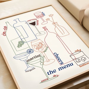 Cocktail Menu Dinner Party Poster, Hand Drawn Retro Drink Print, Mid ...