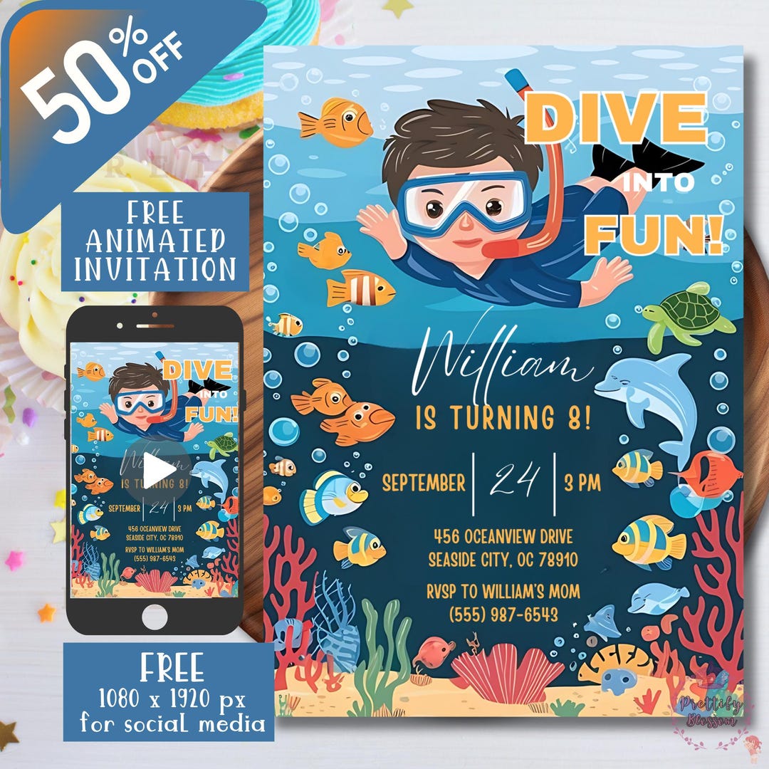 Little Diver Boy Invitation, Under the Sea Invitation, Editable Dive ...