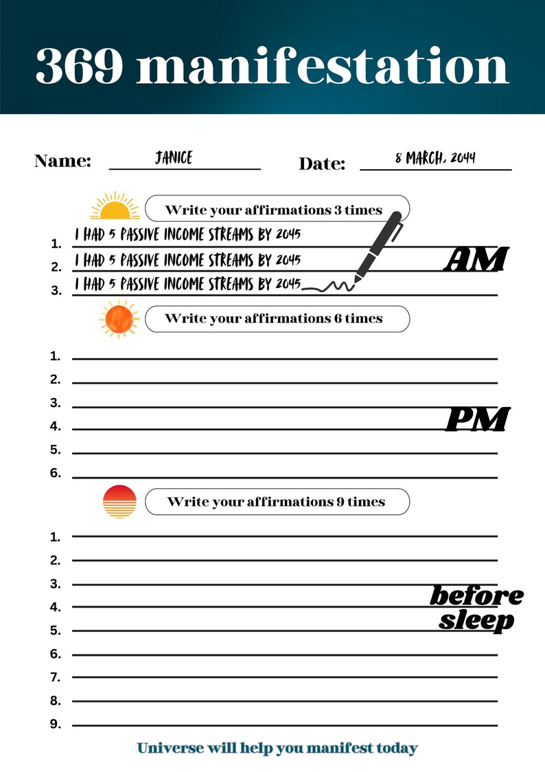 369 Manifestation Journal: Daily Affirmation Worksheet (printable) - Etsy