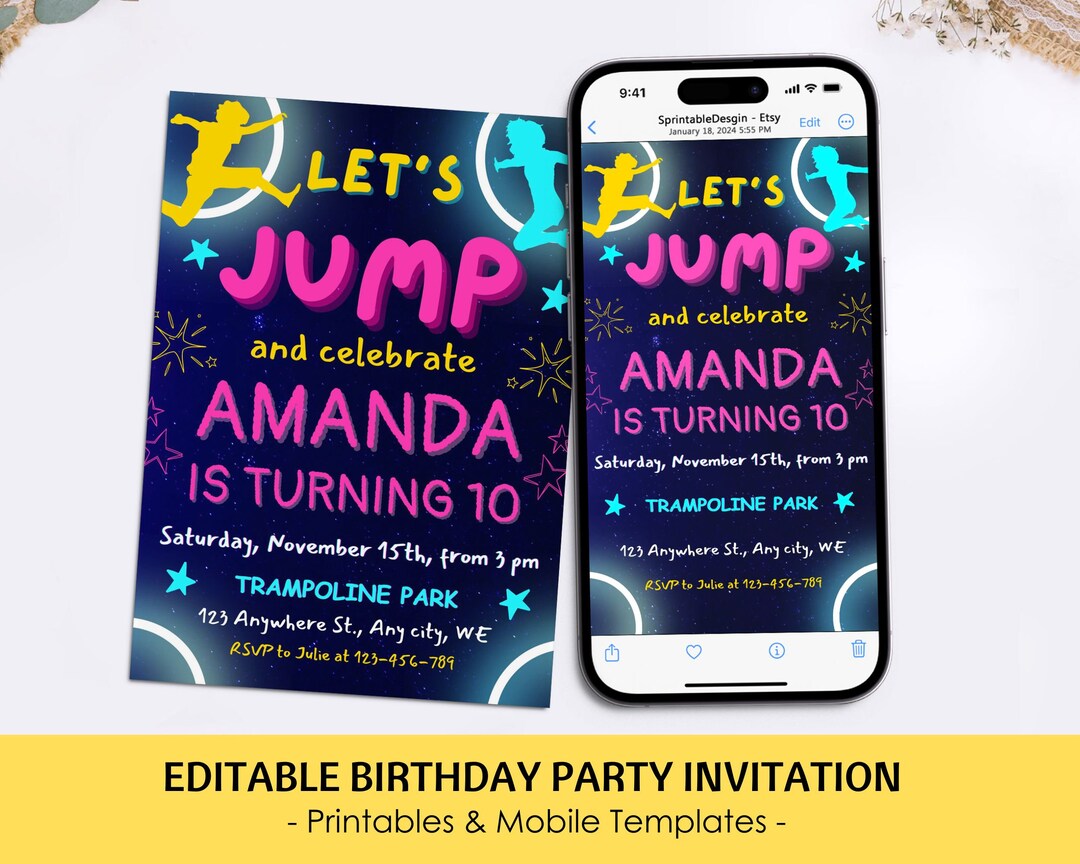 Lets Jump Birthday Invitation Girls Bounce Party Invite Kids Trampoline ...