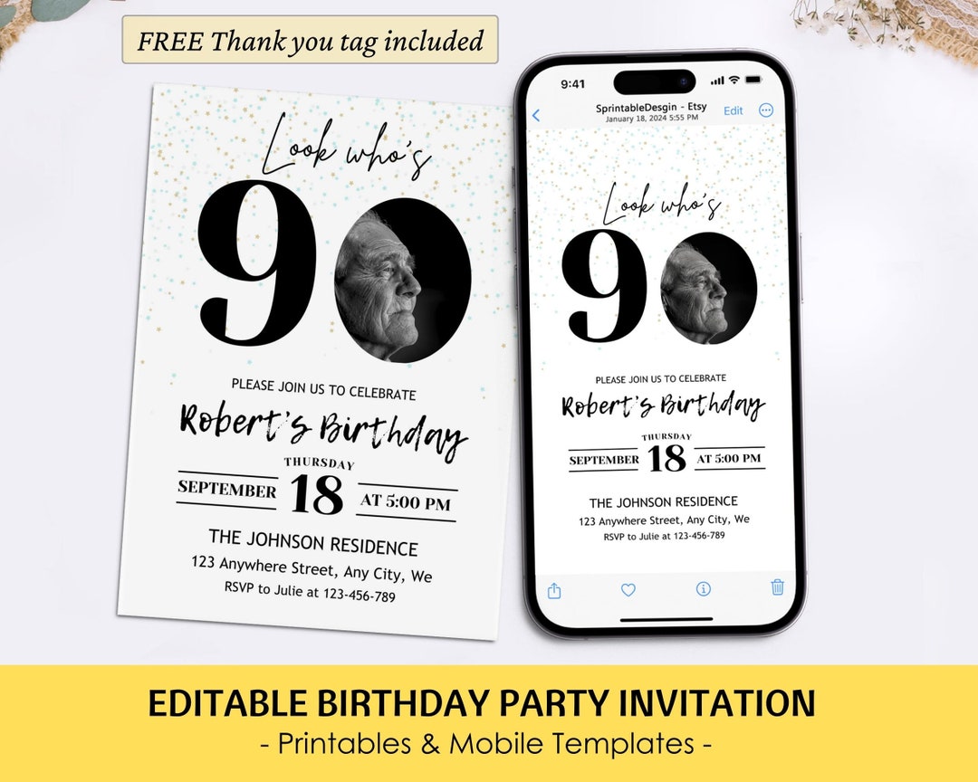 90th Birthday Invitation for Men Editable Male 90th Birthday Template ...