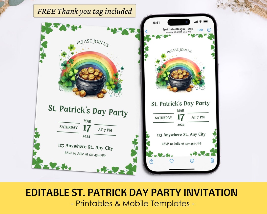 St. Patrick's Day Party Invitation, Canva Editable St. Patty's Day ...