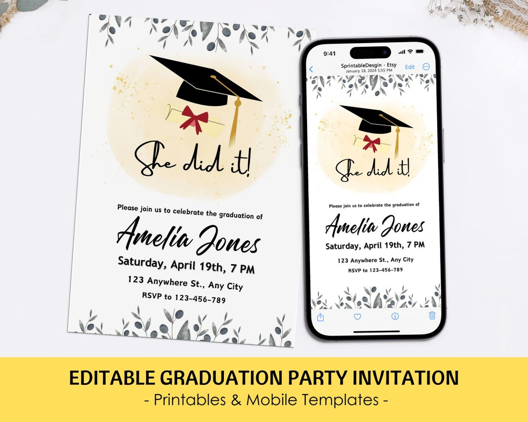 Girly Graduation Announcement Invitation Modern She Did It Party Invite ...