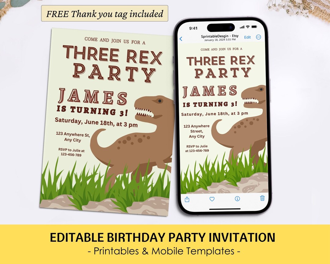 Plantilla de invitación de cumpleaños de tres Rex, invitación editable ...