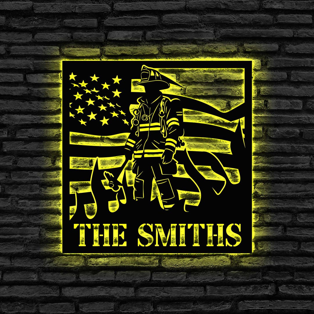 Custom Firefighter Metal Wall Sign LED Lights, Personalize Fireman ...