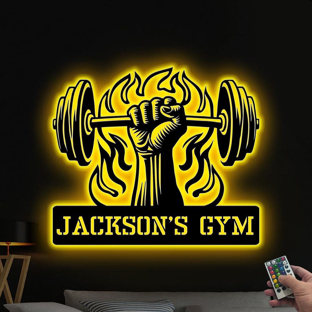 Custom Gym Metal Sign With Led Lights, Personalized Gym Name Sign, Home ...