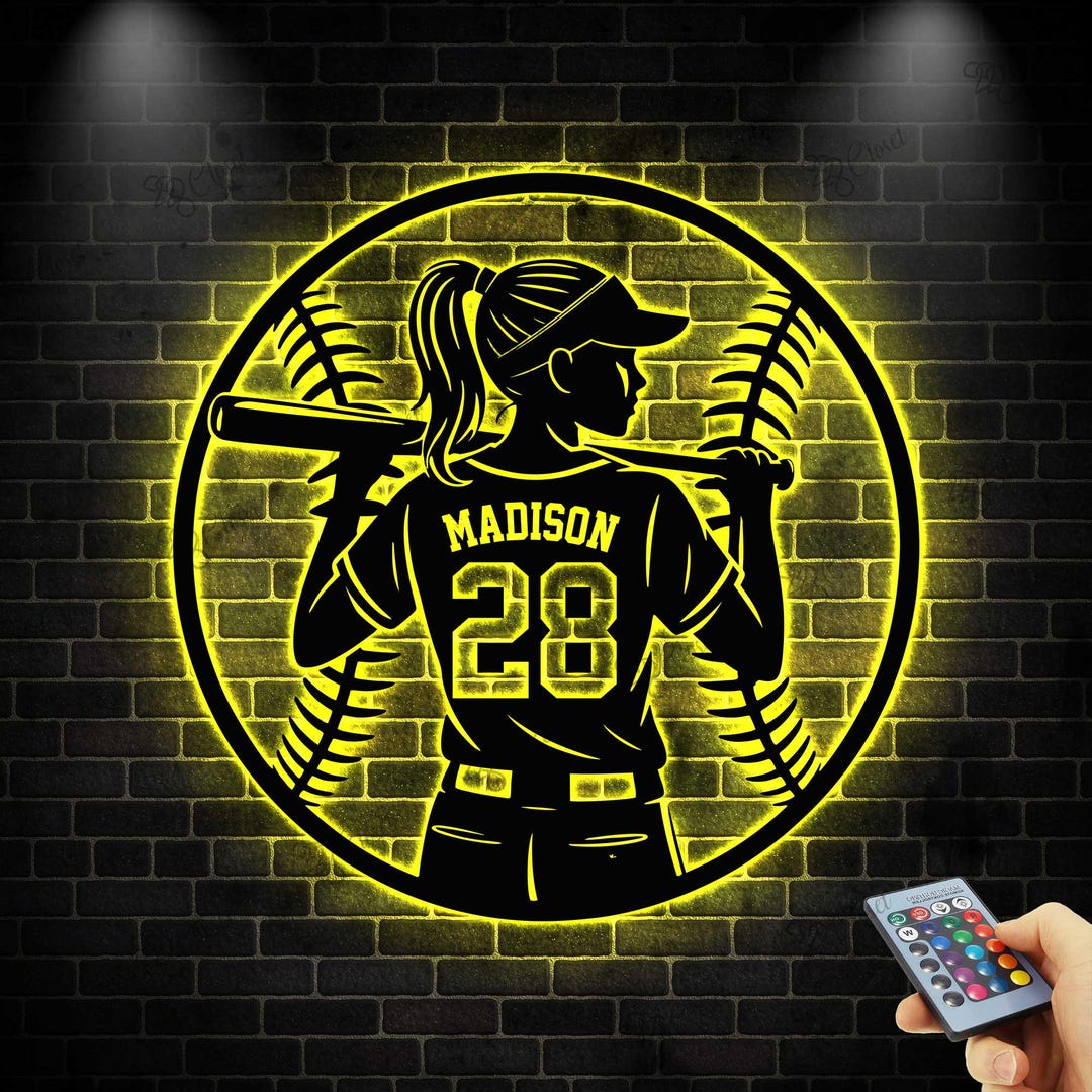 Personalized Softball Player Sign LED Lights, Baseball Metal Sign ...