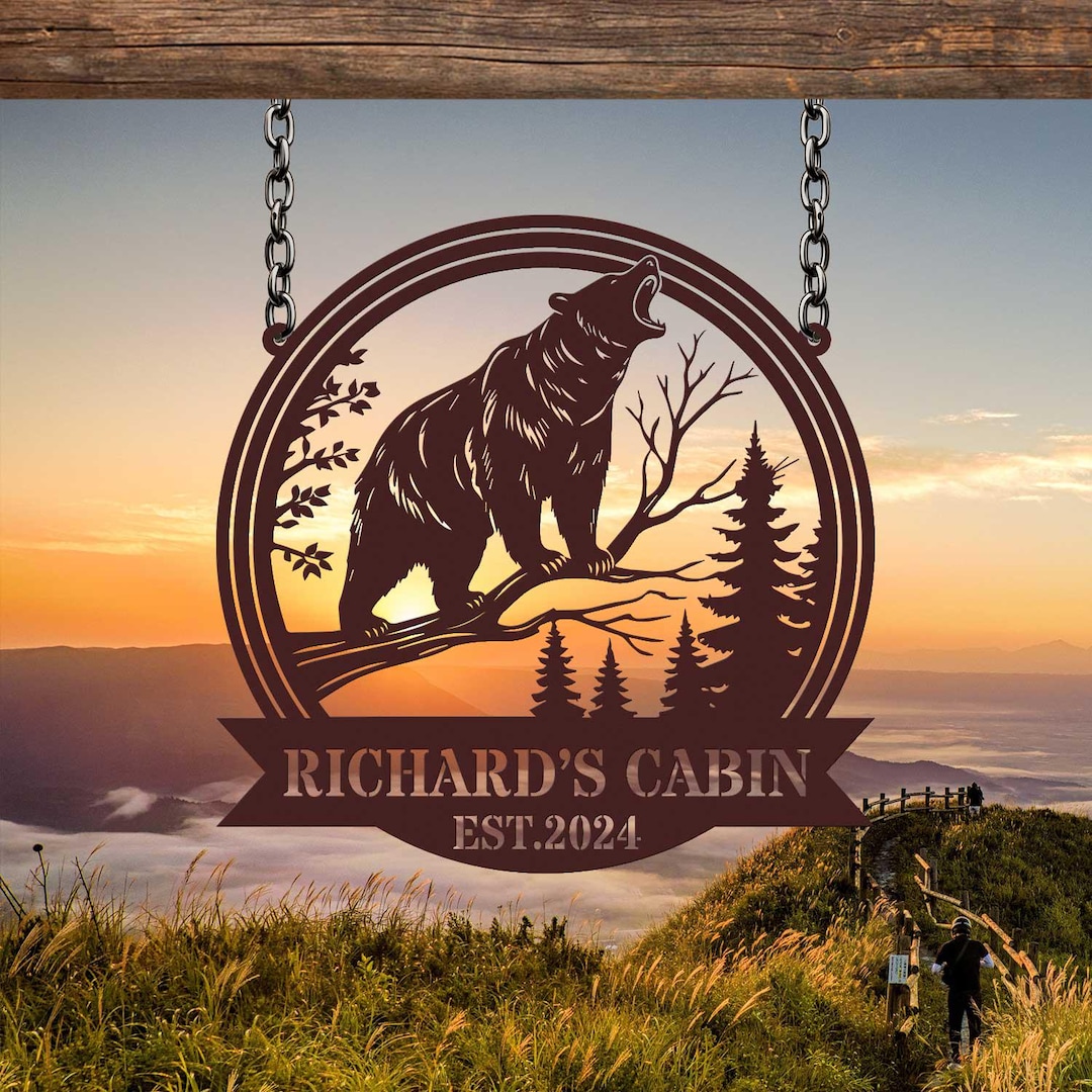 Custom Bear Metal Cabin Sign, Personalized Metal Bear Wall Art, Bear ...