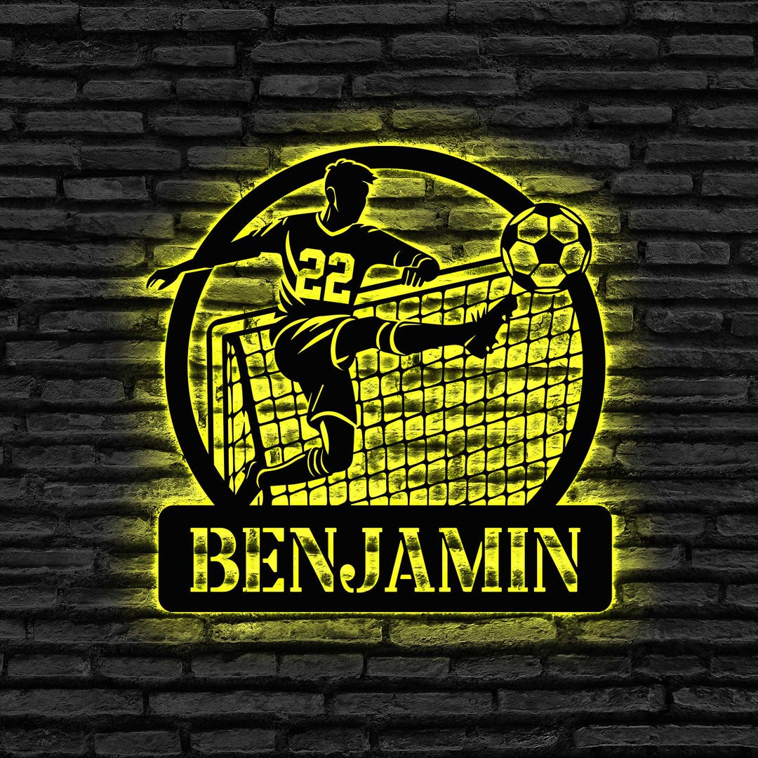 Custom Soccer Metal Wall Art With LED Light, Personalized Soccer Player ...