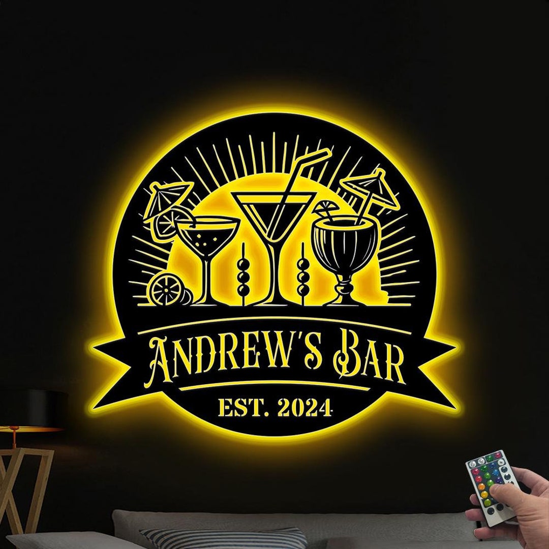 Custom Bar Metal Wall Art With LED Light, Bar Metal Sign, Personalized ...