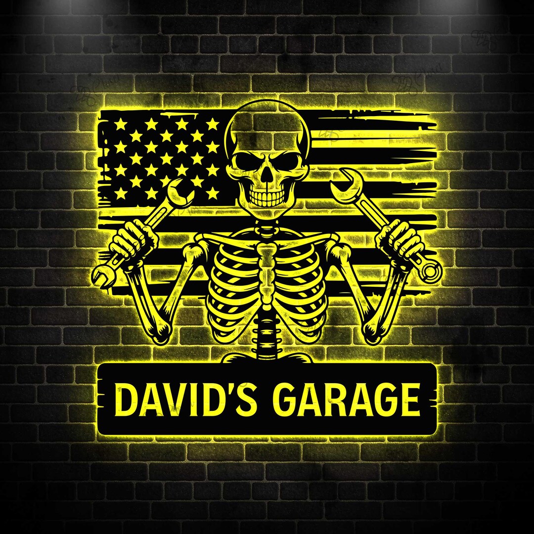 Custom Skull Mechanic Metal Wall Art With LED Light, Personalized ...