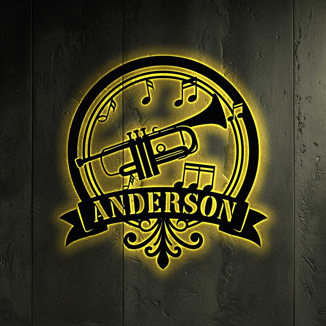 Custom Trumpet Metal Sign With LED Light, Trumpet Musical Instrument ...