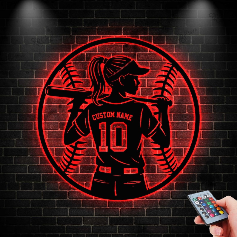 Personalized Softball Player Sign LED Lights, Baseball Metal Sign ...