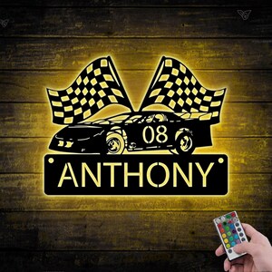 Custom Racing Car Metal Sign With LED Lights, Race Car Sign, Sports ...