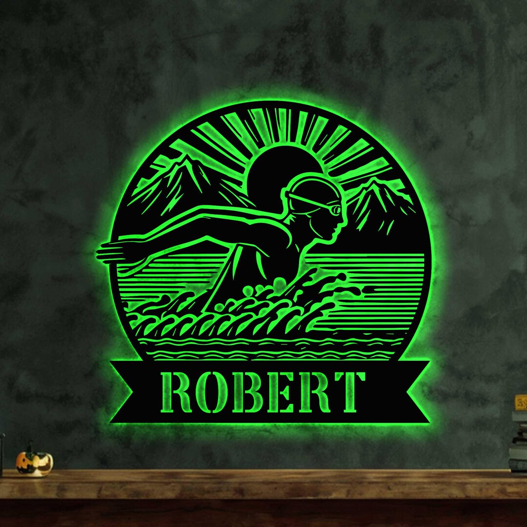 Personalized Swimming Metal Wall Art LED Light, Custom Swimmer Name ...