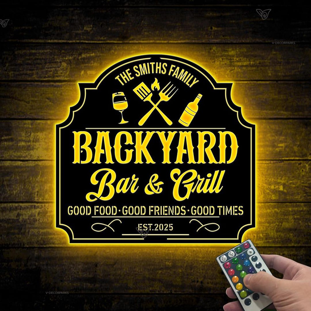 Custom Backyard BBQ Metal Wall Art Led Light, Personalized Bar & Grill ...