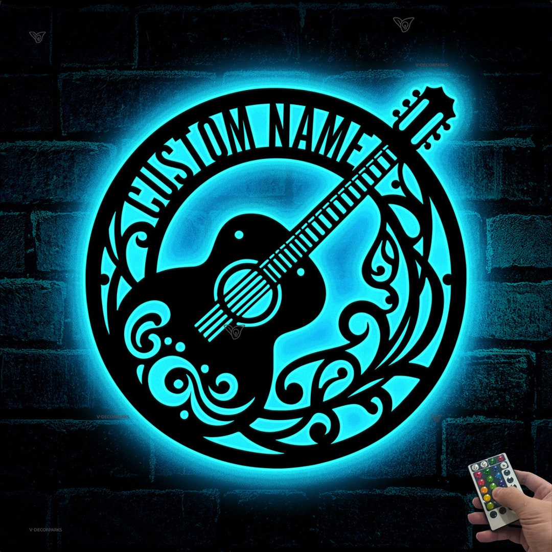 Personalized Guitar Metal Sign With LED Lights, Guitar Player Name Sign ...