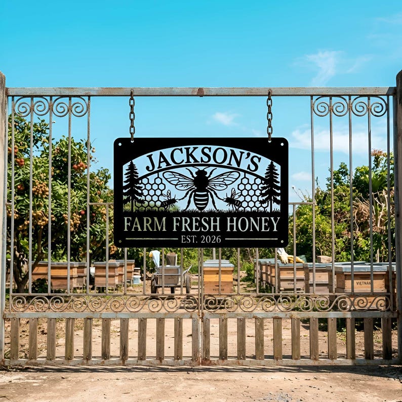 Personalized Farm Fresh Honey Sign, Custom Metal Bee Gate Sign, Apiary ...