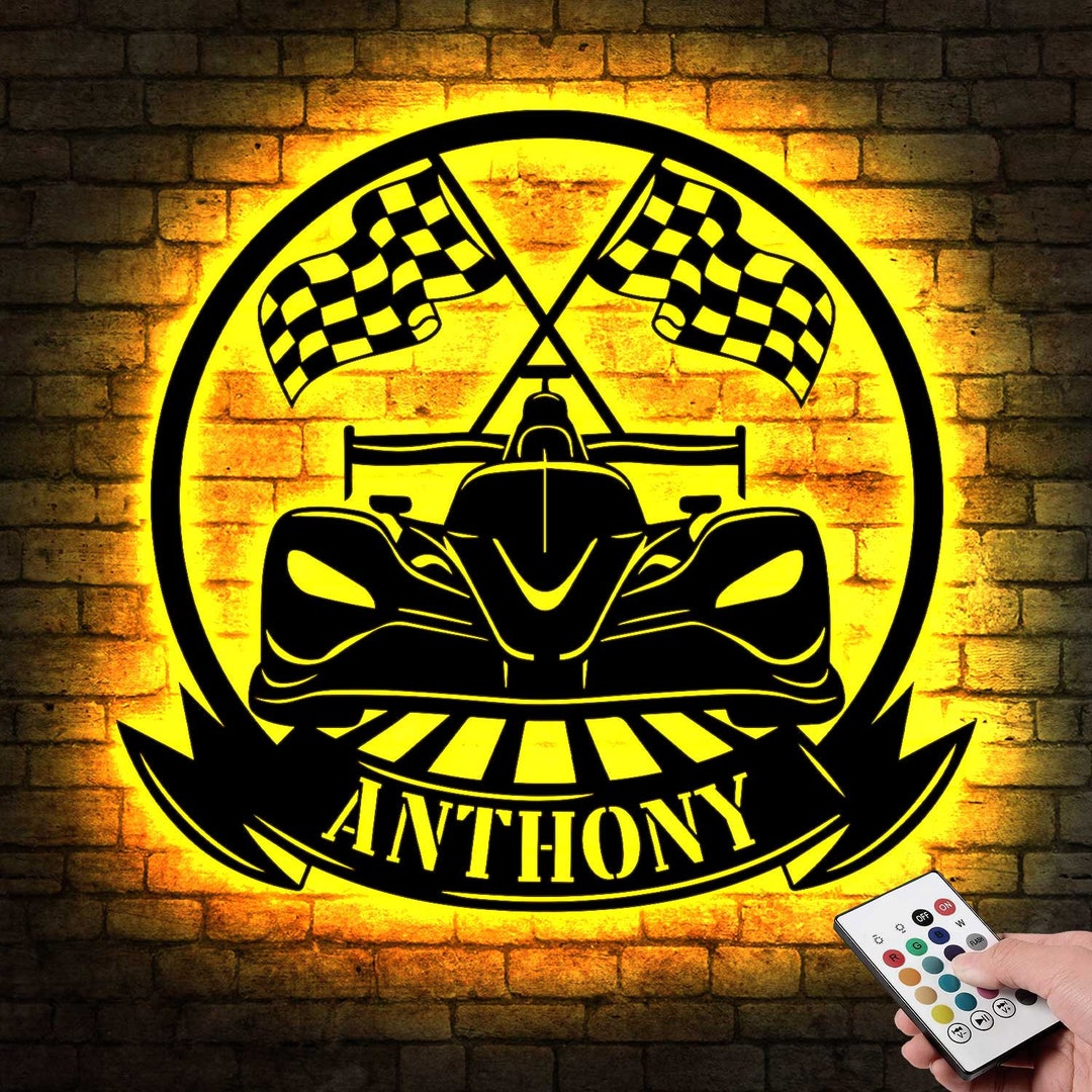 Custom Car Racing Metal Wall Art With LED Light, Race Car Sign, Sports ...