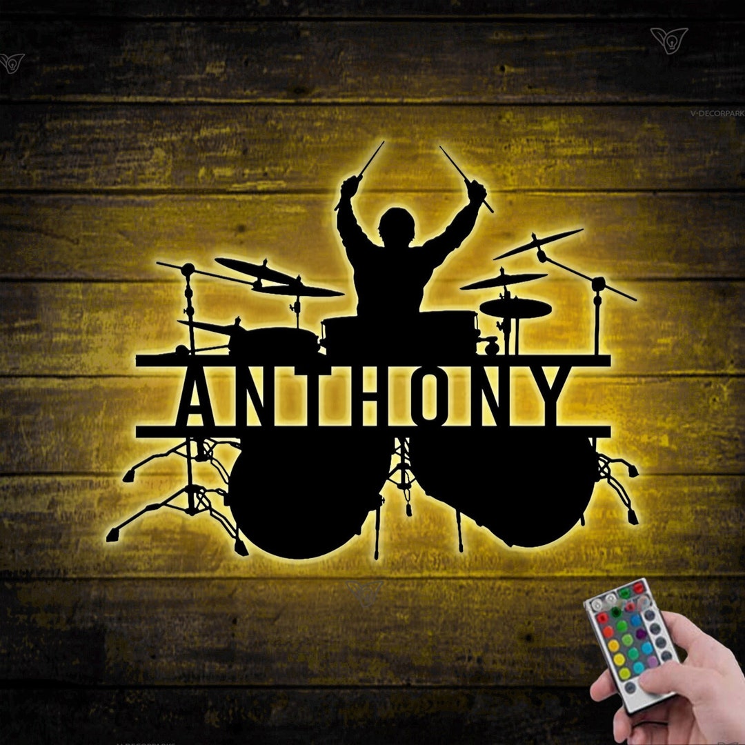 Custom Drum Metal Sign With LED Lights, Personalized Drummer Name Sign ...