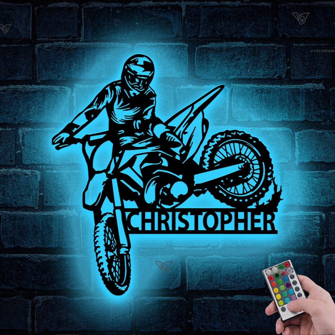 Custom Dirt Bike Metal Sign With Led Light, Motocross Biker Metal Wall ...