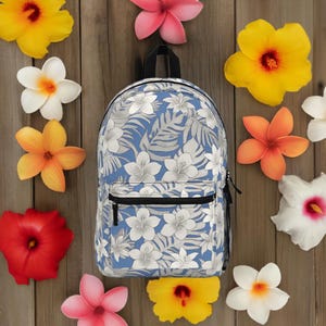 Tropical Hibiscus Plumeria Baby Blue Backpack | Boho Chic | School Bag ...