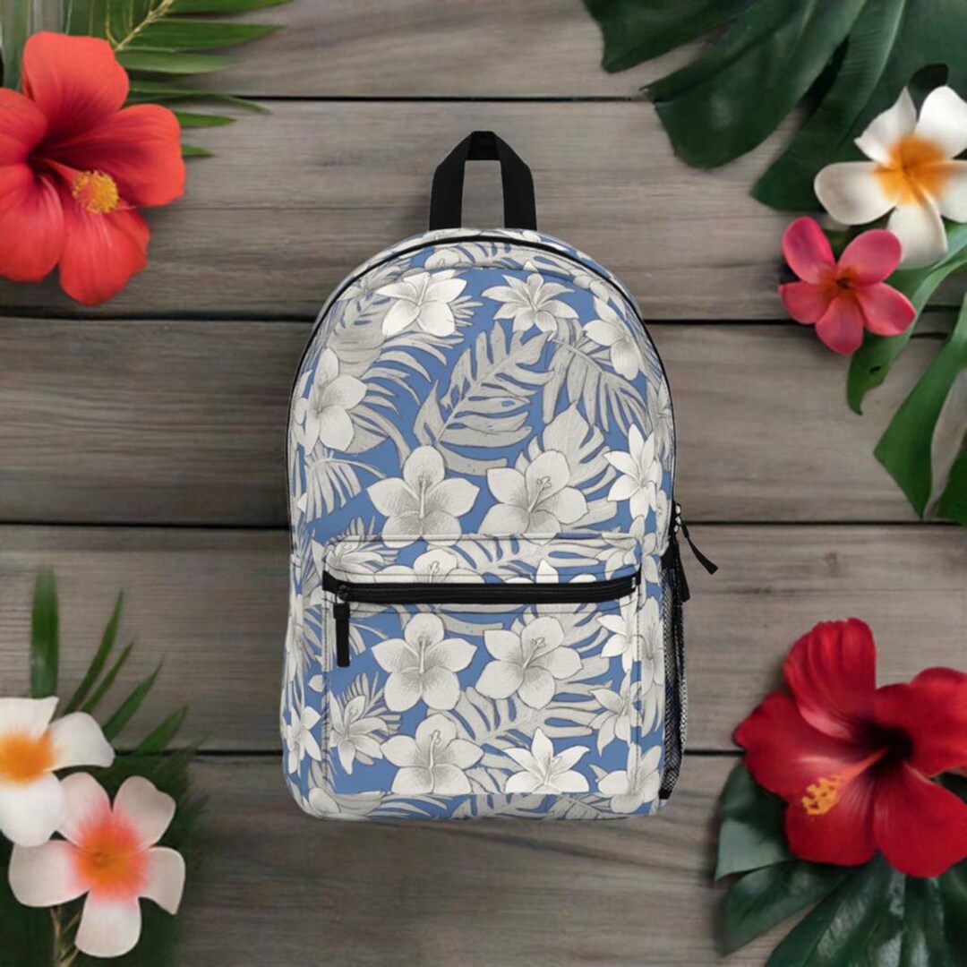 Tropical Hibiscus Plumeria Baby Blue Backpack | Boho Chic | School Bag ...