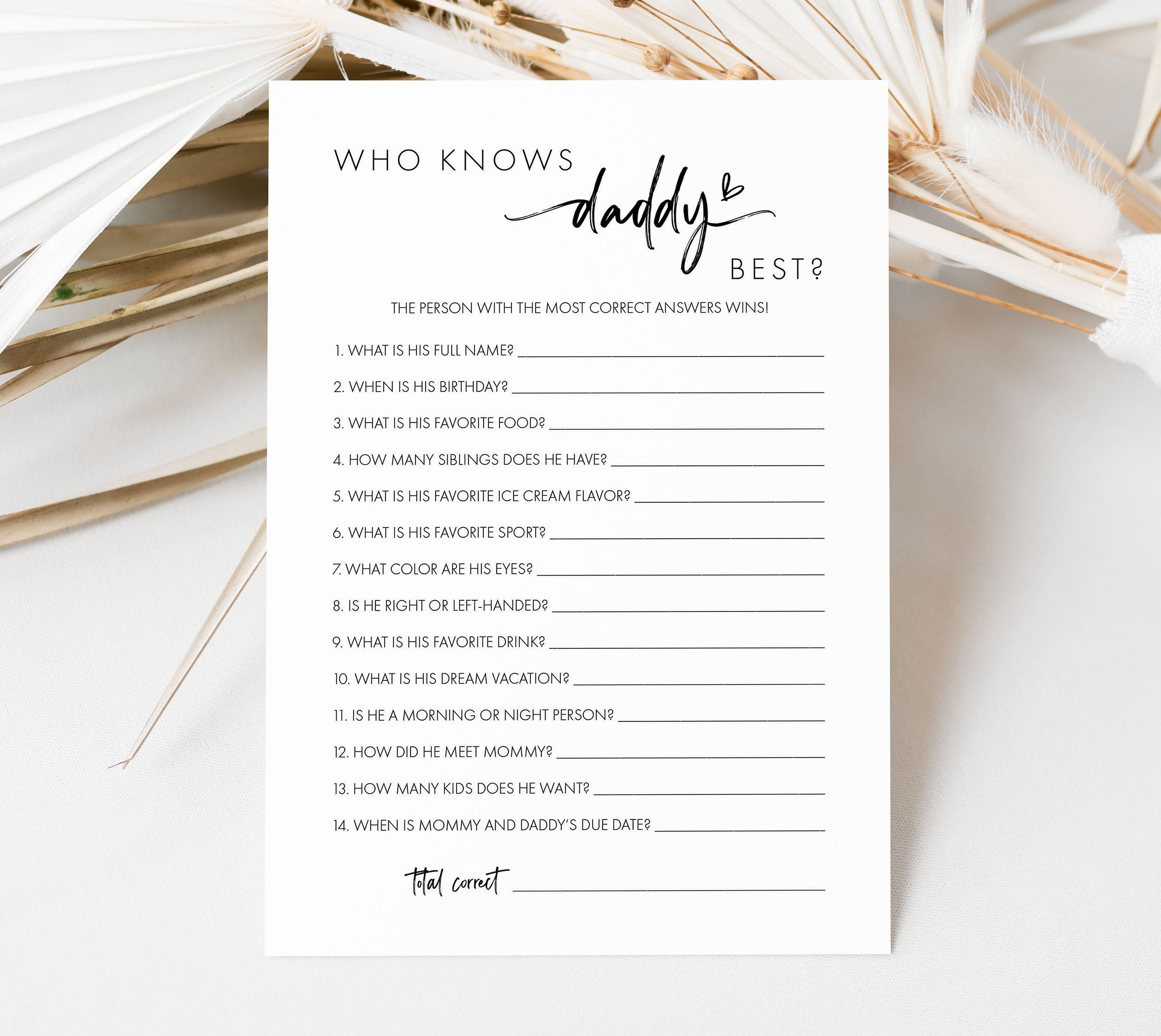 Who Knows Daddy Best Baby Shower Game Card, Simple Black and White Boy ...