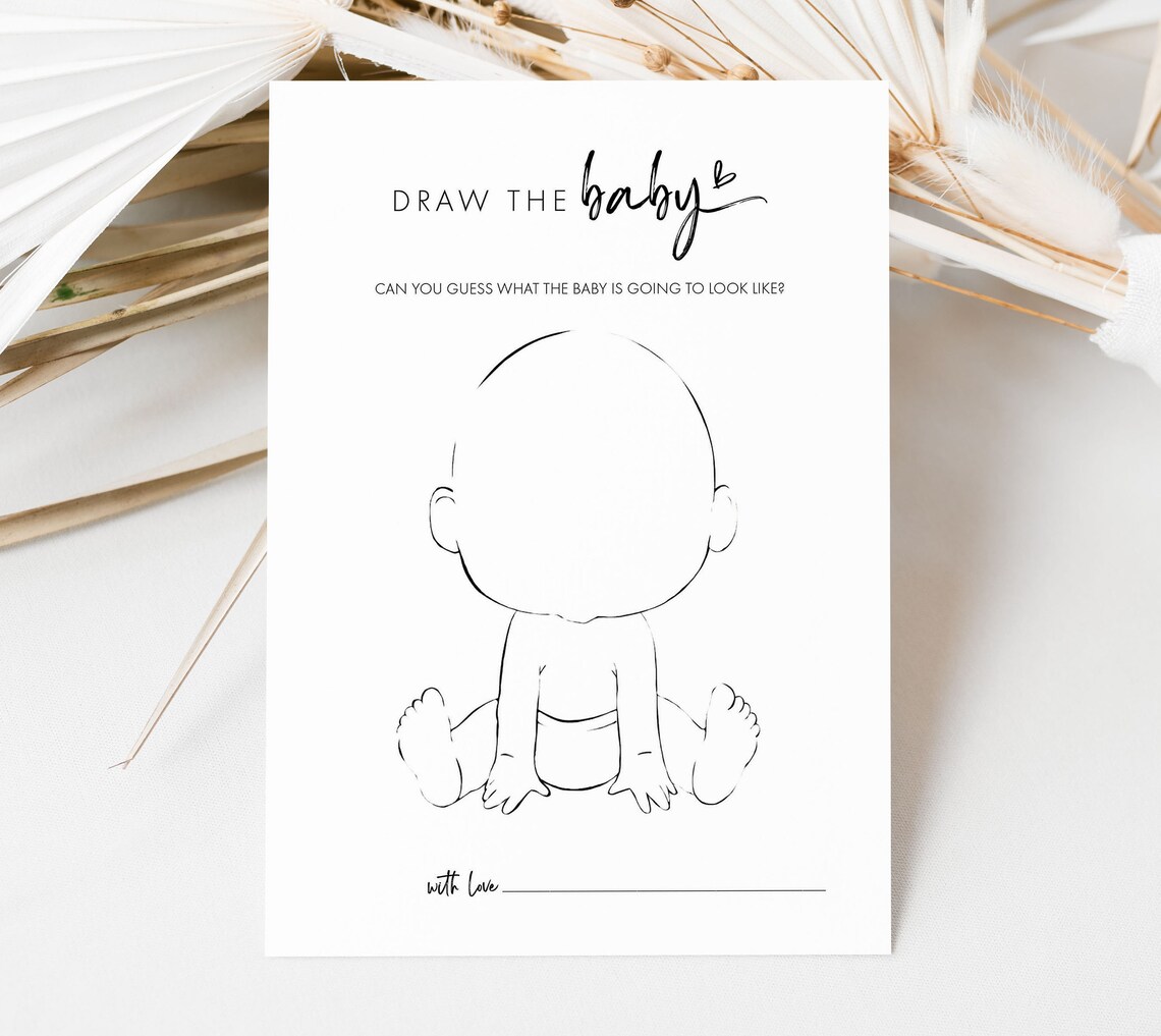 Draw the Baby Game Card, Simple Black and White Boy Girl Gender Neutral ...
