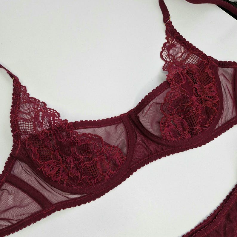 Burgundy Lace Mesh Lingerie Set – Balconette Bra and Thong | Sheer ...