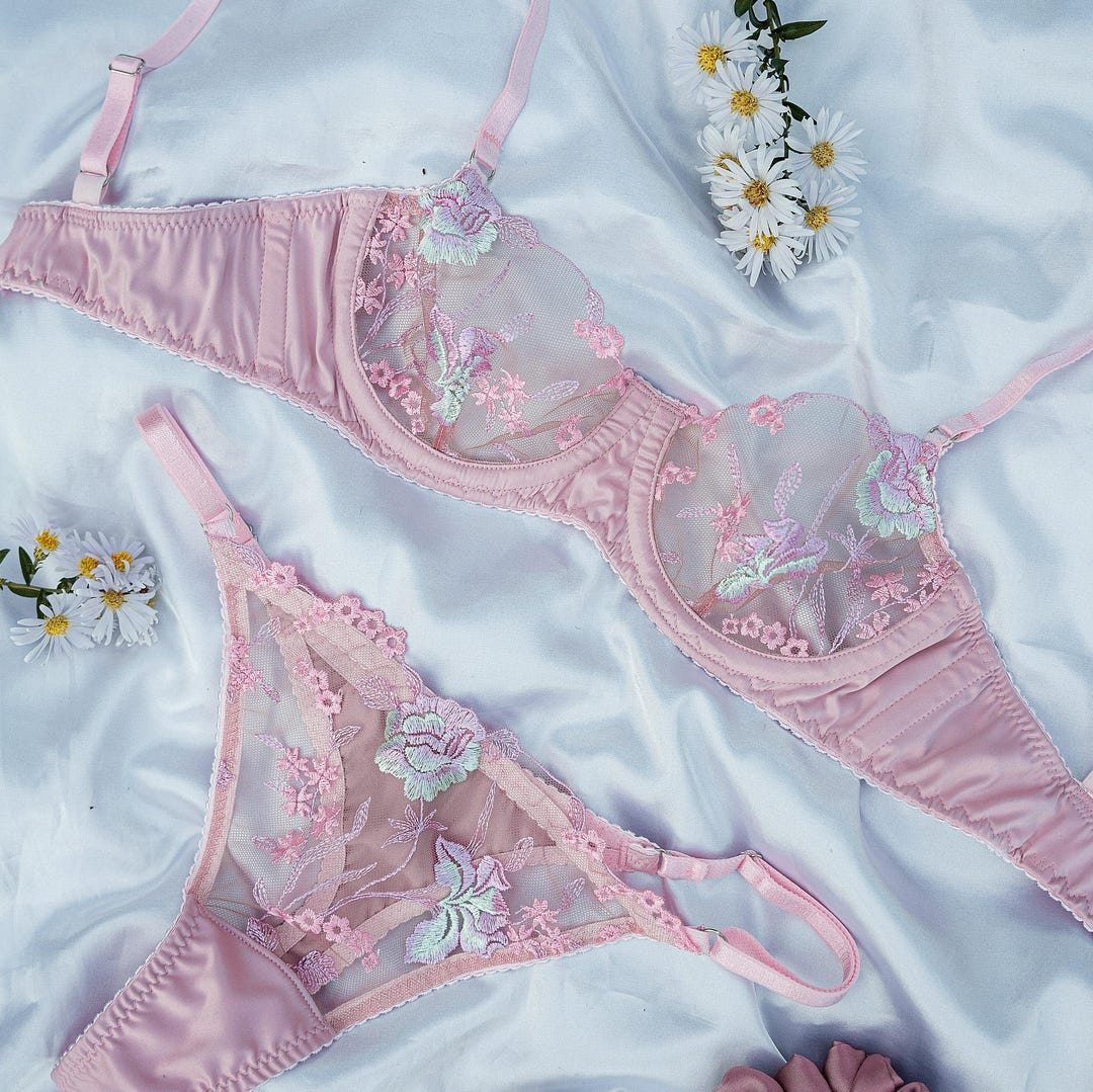 Satin Underwear, Flower Lingerie Set, Satin Lingerie Set, Pink ...