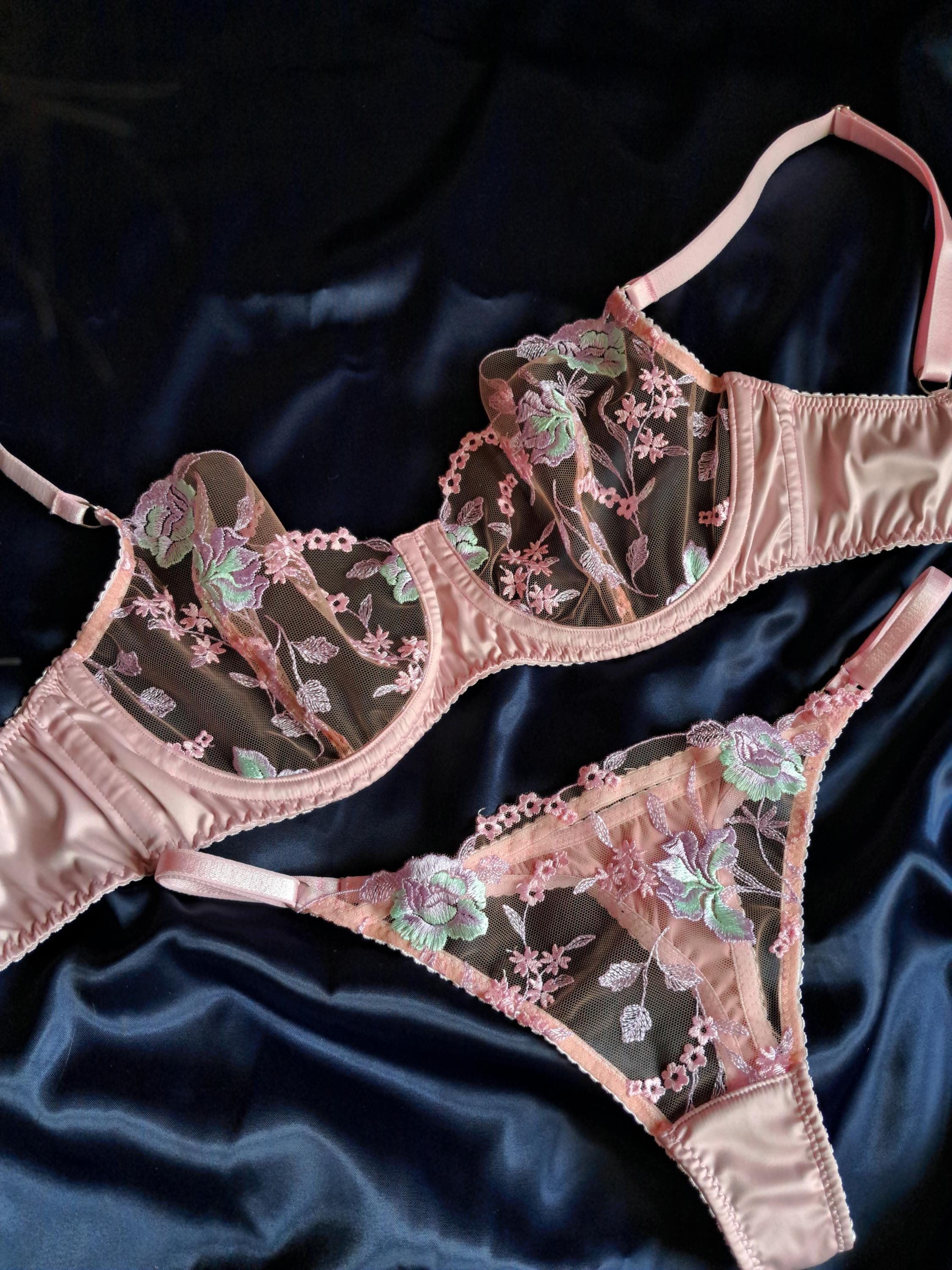 Flower Lingerie Set, Satin Lingerie Set, Pink, Delicate Lingerie ...