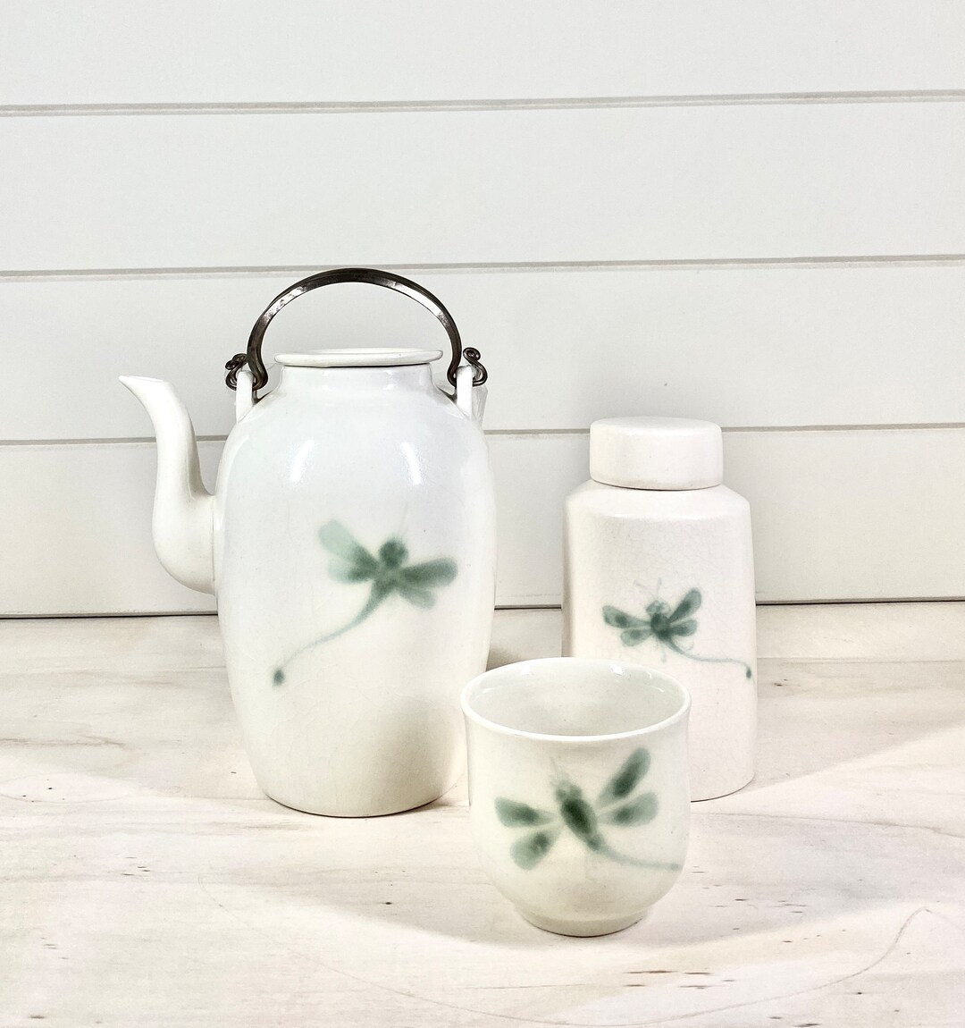 Vintage Vietnamese Porcelain Tea Set With Hand Painted Dragonfly Motif ...
