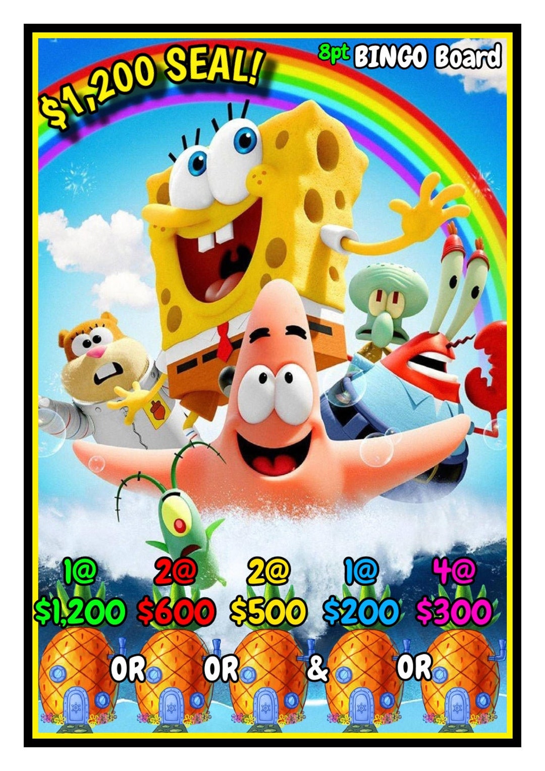 Spongebob 1.2k Seal Bingo Board 8/line, 1,200 Profit - Etsy