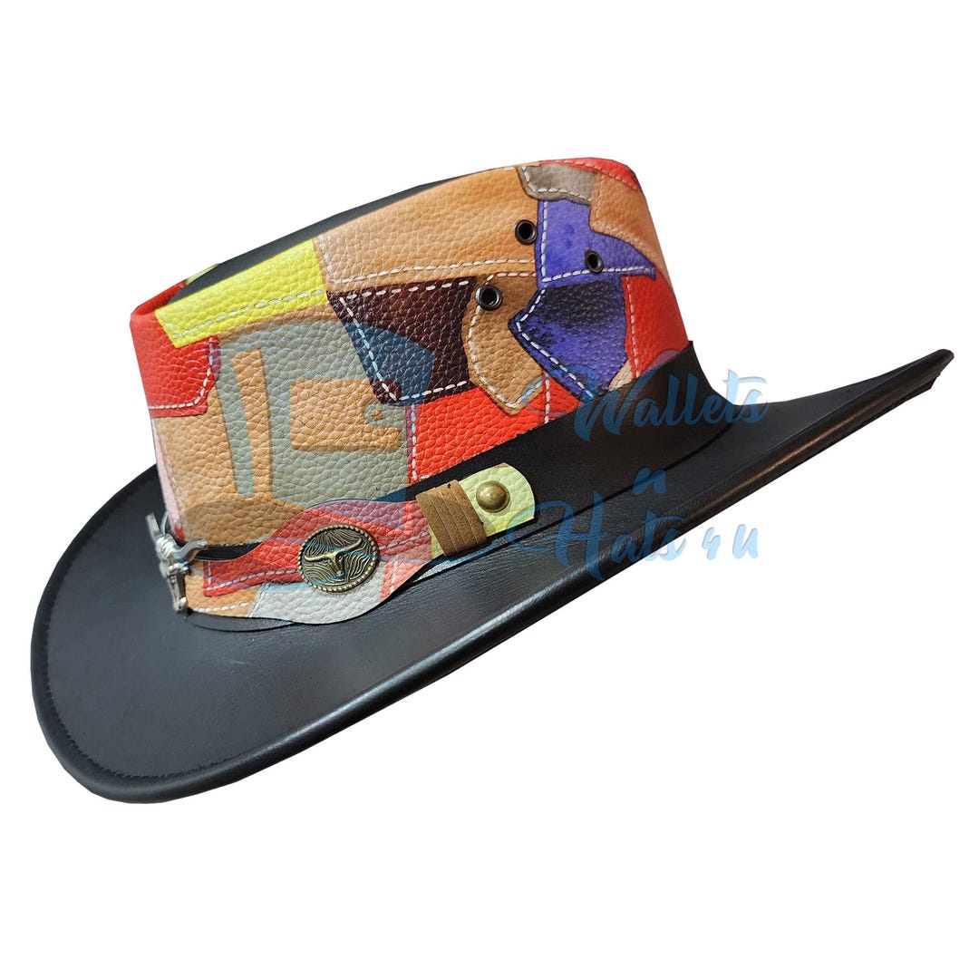 Patchwork Cowboy Leather Hat – Handmade Colorful Western Festival Hat ...