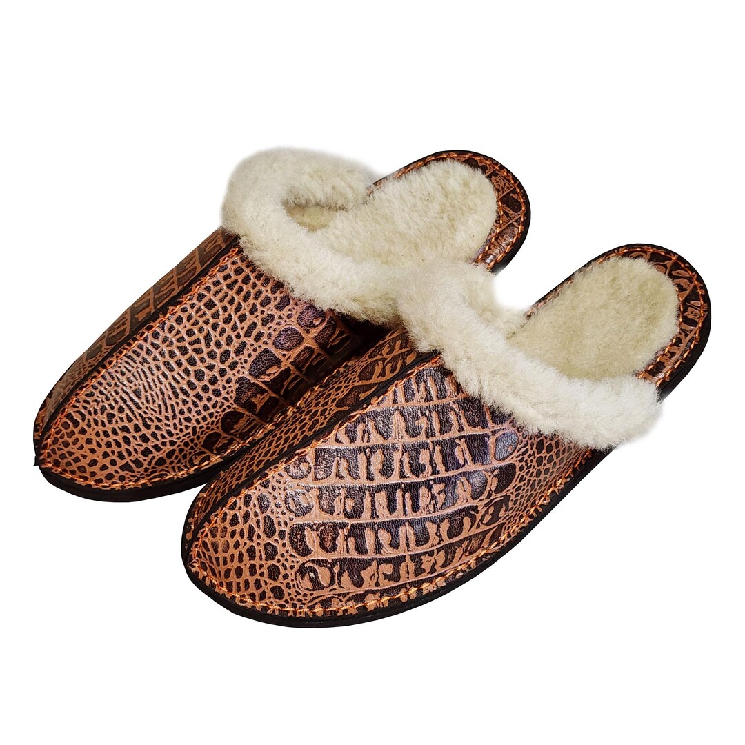 Shearling Lined Crocodile Texture Leather Slippers - Etsy
