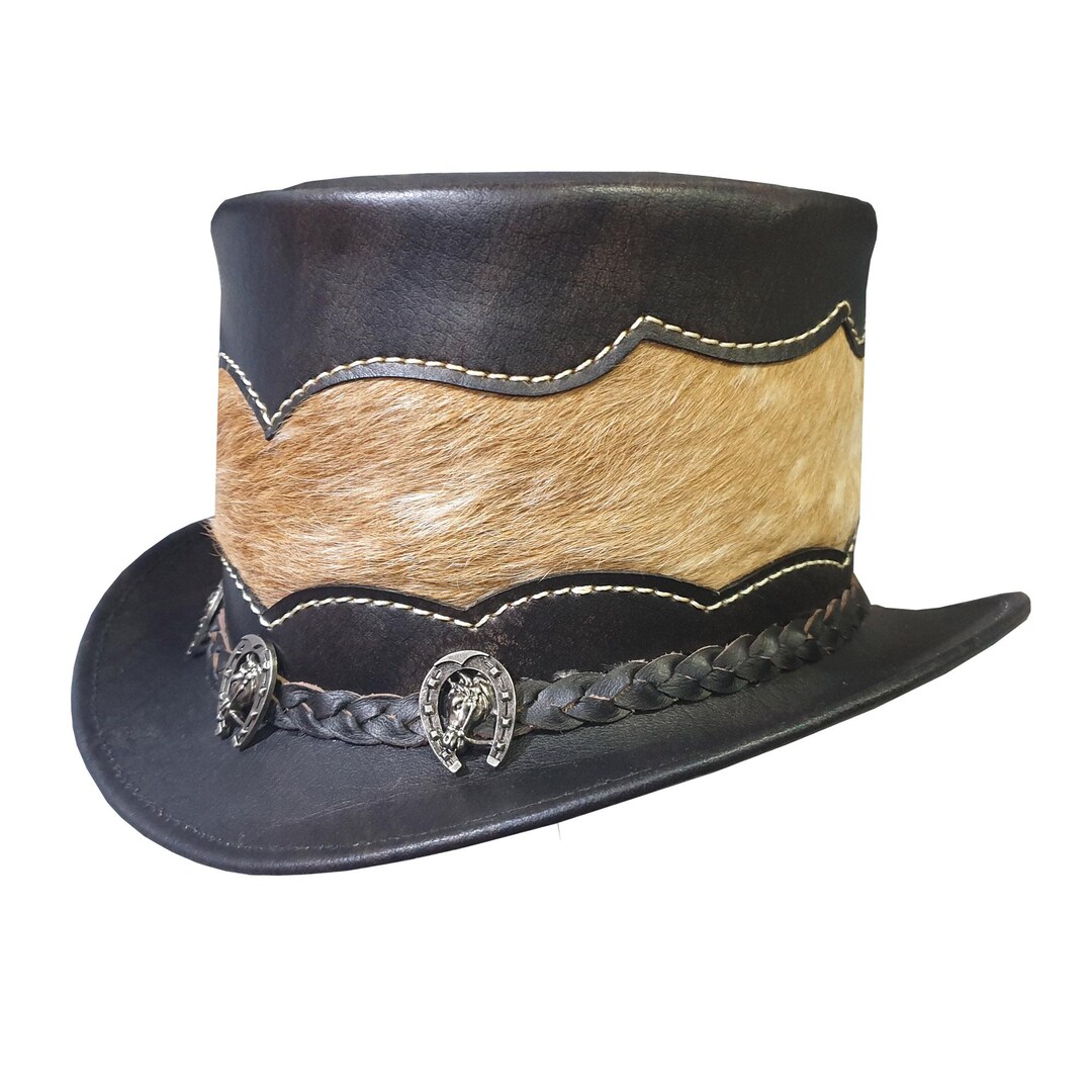 Cowhide and Horseshoe Conchos Band Leather Top Hat - Etsy