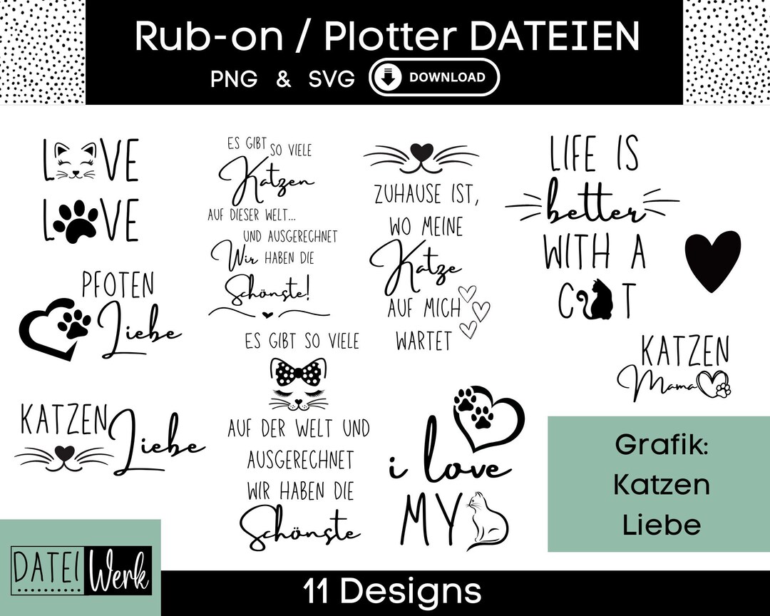Katzen Sprüche Grafik SVG Bundle, Plotterdatei für Cricut Silhouette, Rub-on Herstellung ...