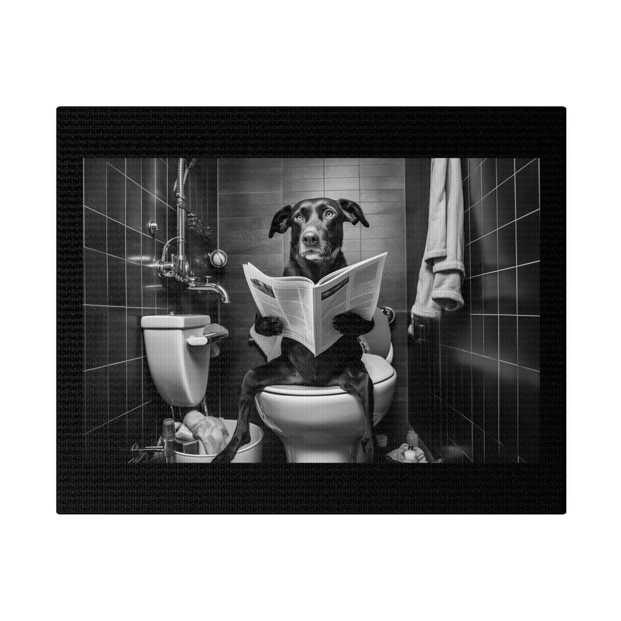 Dog Sitting on Toilet Reading a Newspaper in Black and White Matte ...