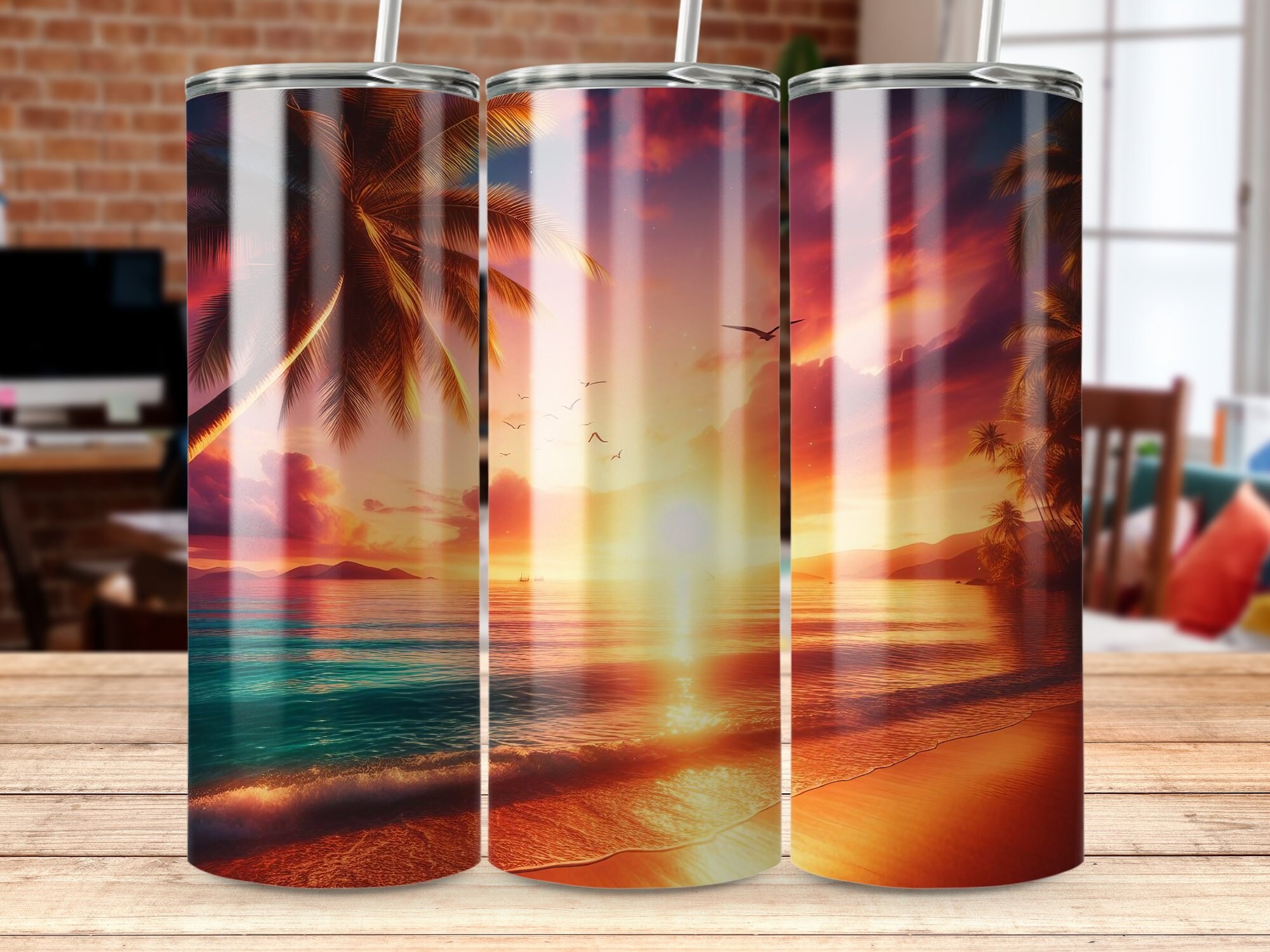 Tropical Beach Sunset Tumbler, Palm Tree Paradise, 20oz Tumbler ...
