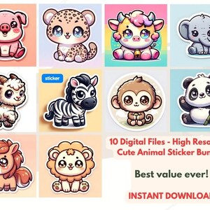 Cute Animal Stickers for Kids, Printable Cartoon Zoo Animals, Digital ...