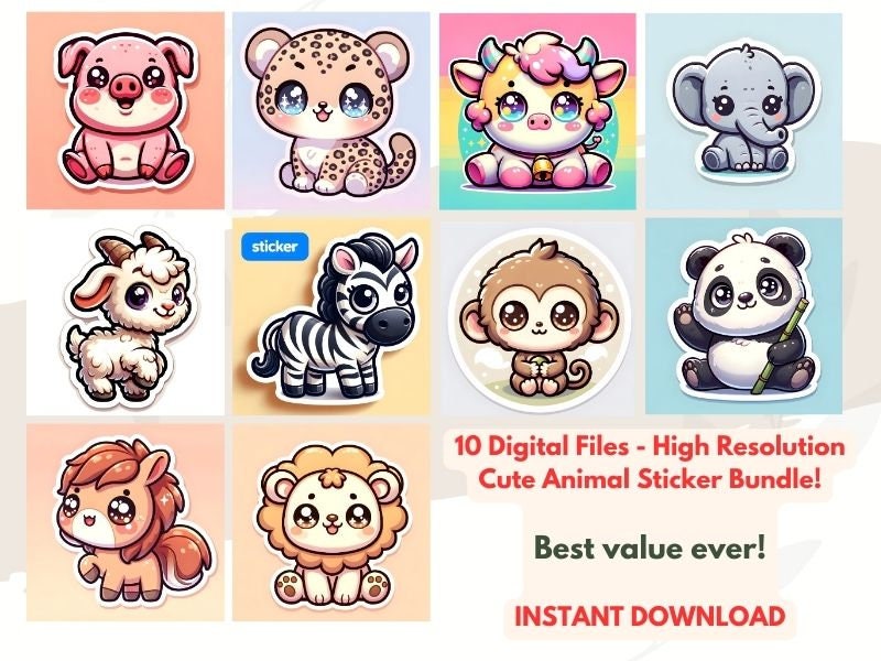 Cute Animal Stickers for Kids, Printable Cartoon Zoo Animals, Digital ...