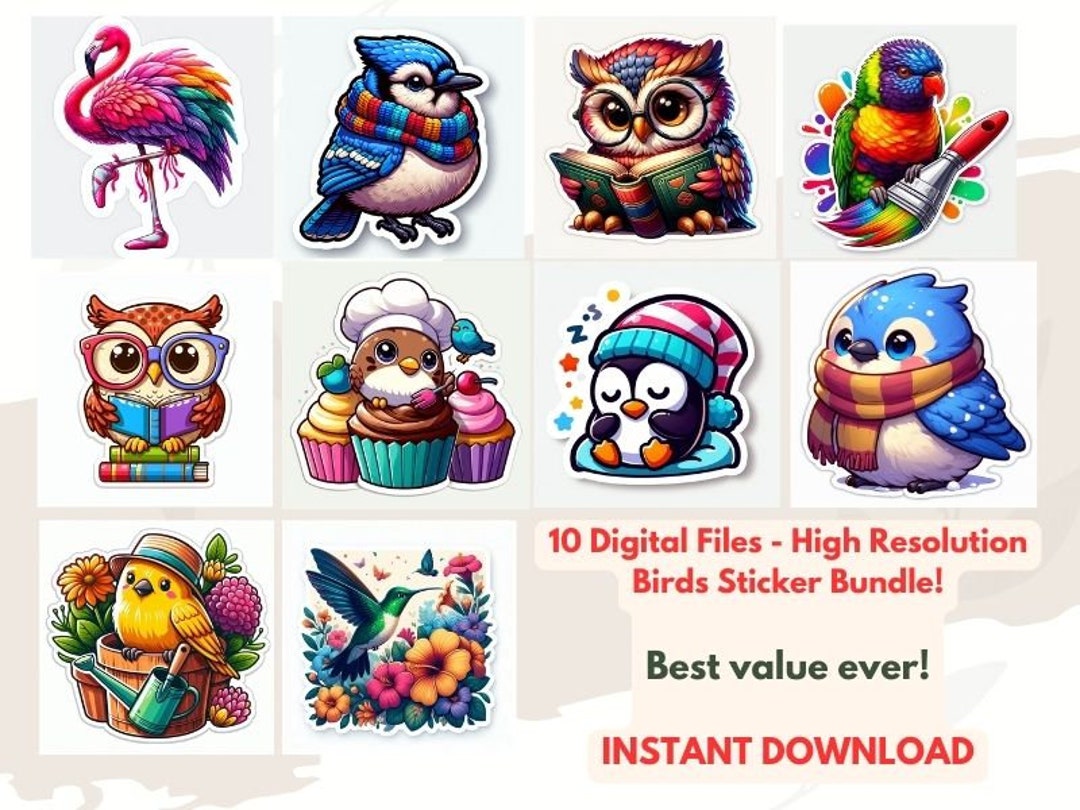 Colorful Birds Sticker Pack, Vibrant Owl and Parrot, Cute Flamingo ...